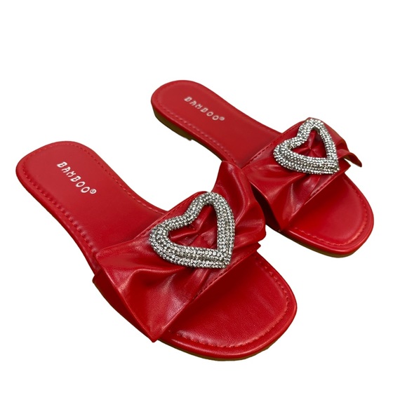 Shoes | Womens Red Flats Sandal Slides With Rhinestone Heart Bow ...
